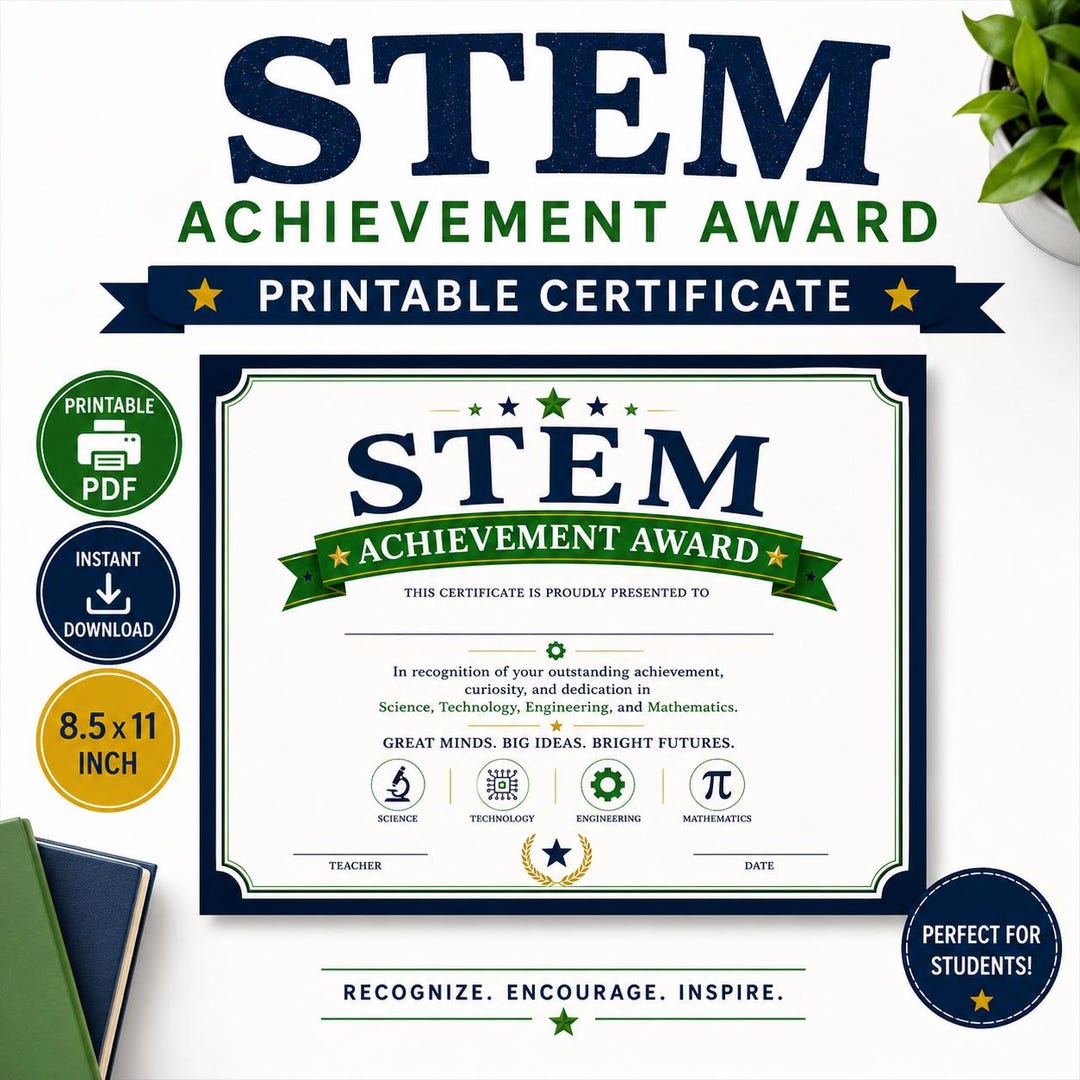STEM Achievement Award Certificate – Printable PDF Instant Download for ...