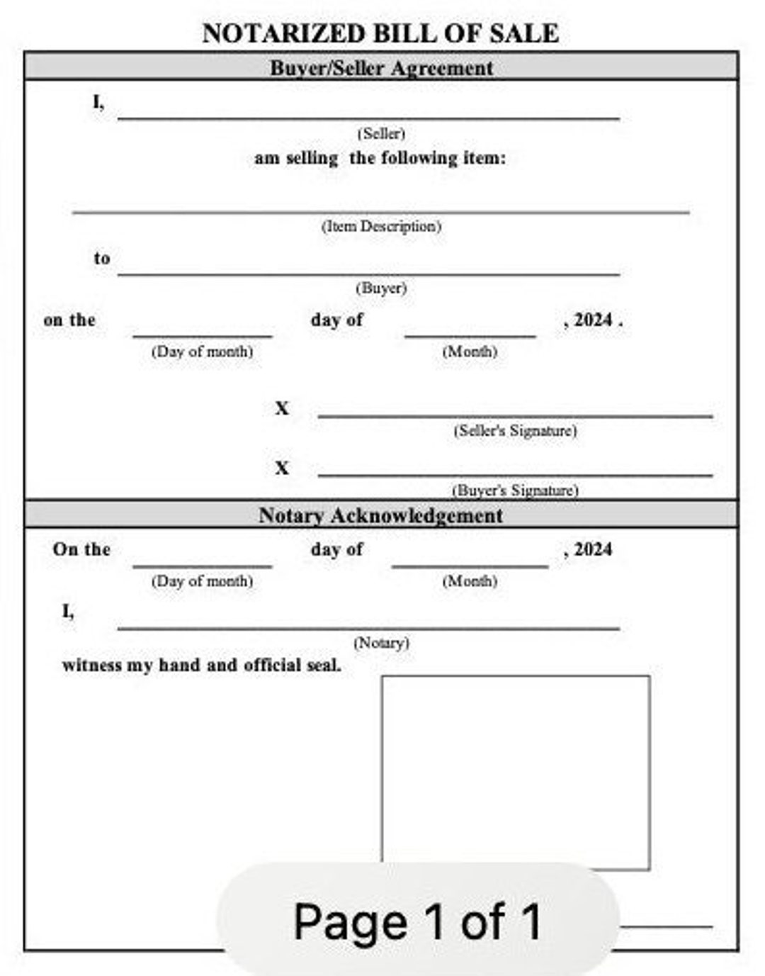 Notarized Bill of Sale Template - Etsy