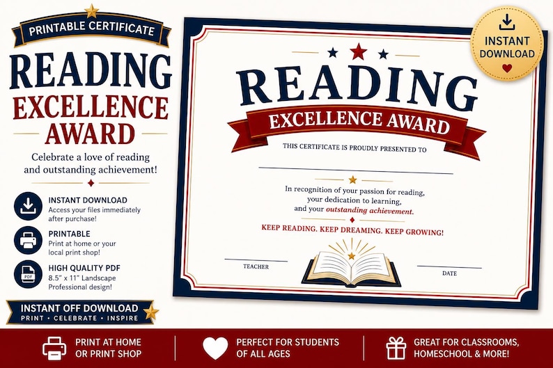 Reading Excellence Award Certificate – Printable PDF Instant Download ...