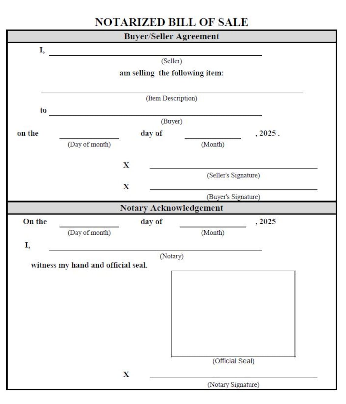 Notarized Bill of Sale Template (PDF & Excel) - Etsy