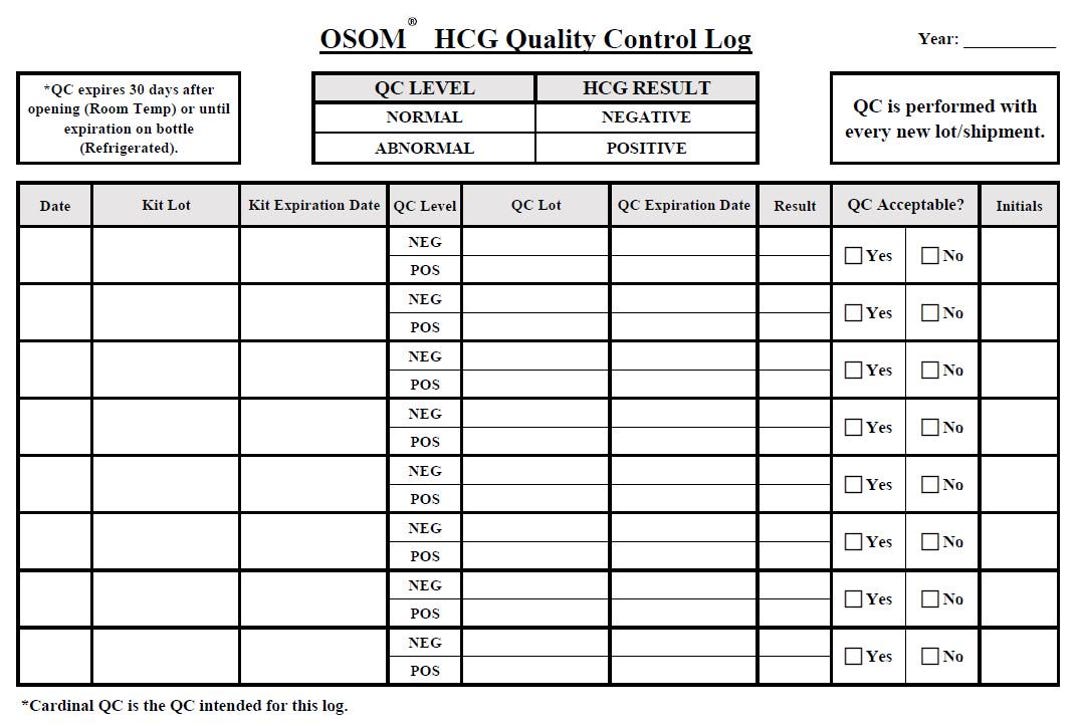 OSOM Urine HCG Quality Control Log - Black & White/greyscale - Etsy