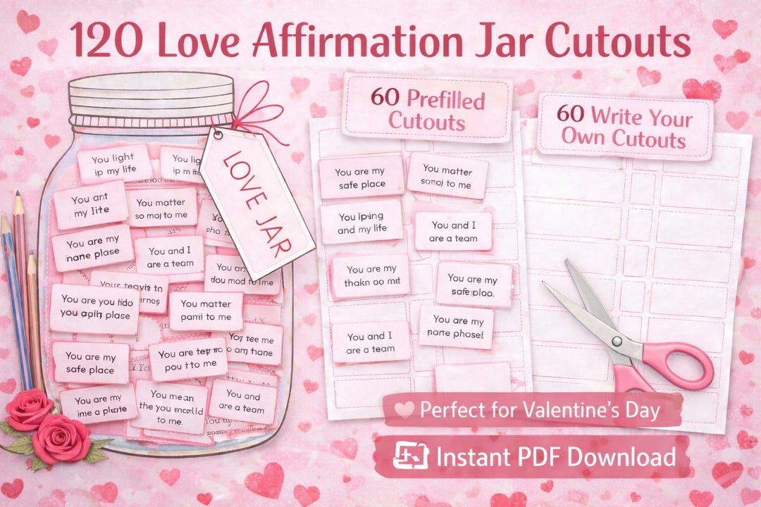 120 Love Affirmation Jar Cutouts – Printable PDF | 60 Prefilled + 60 ...