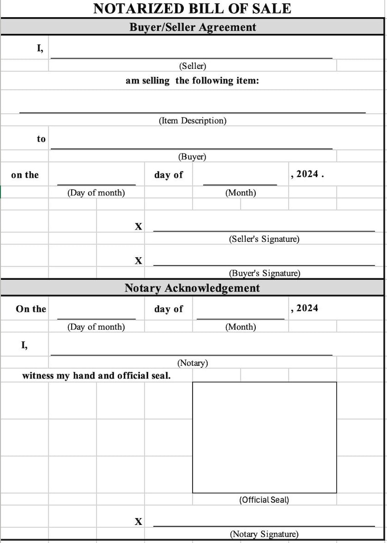 Notarized Bill of Sale Template - Etsy