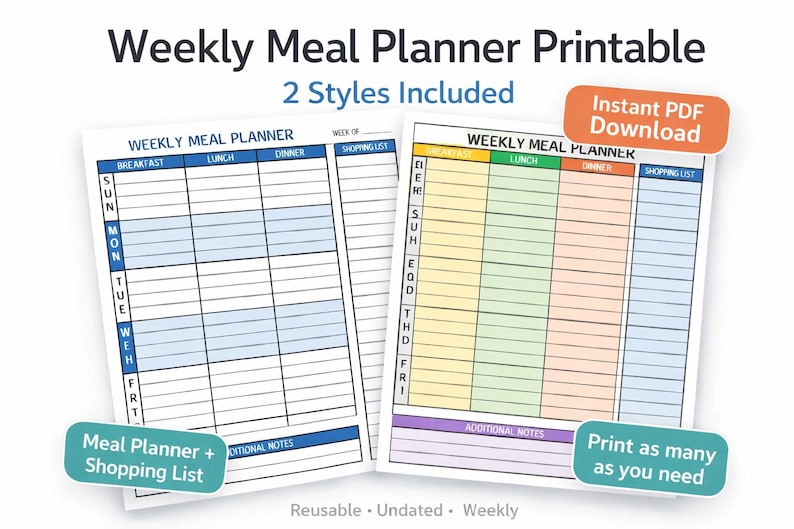 Weekly Meal Planner Printable, Meal Planning & Shopping List, Undated ...