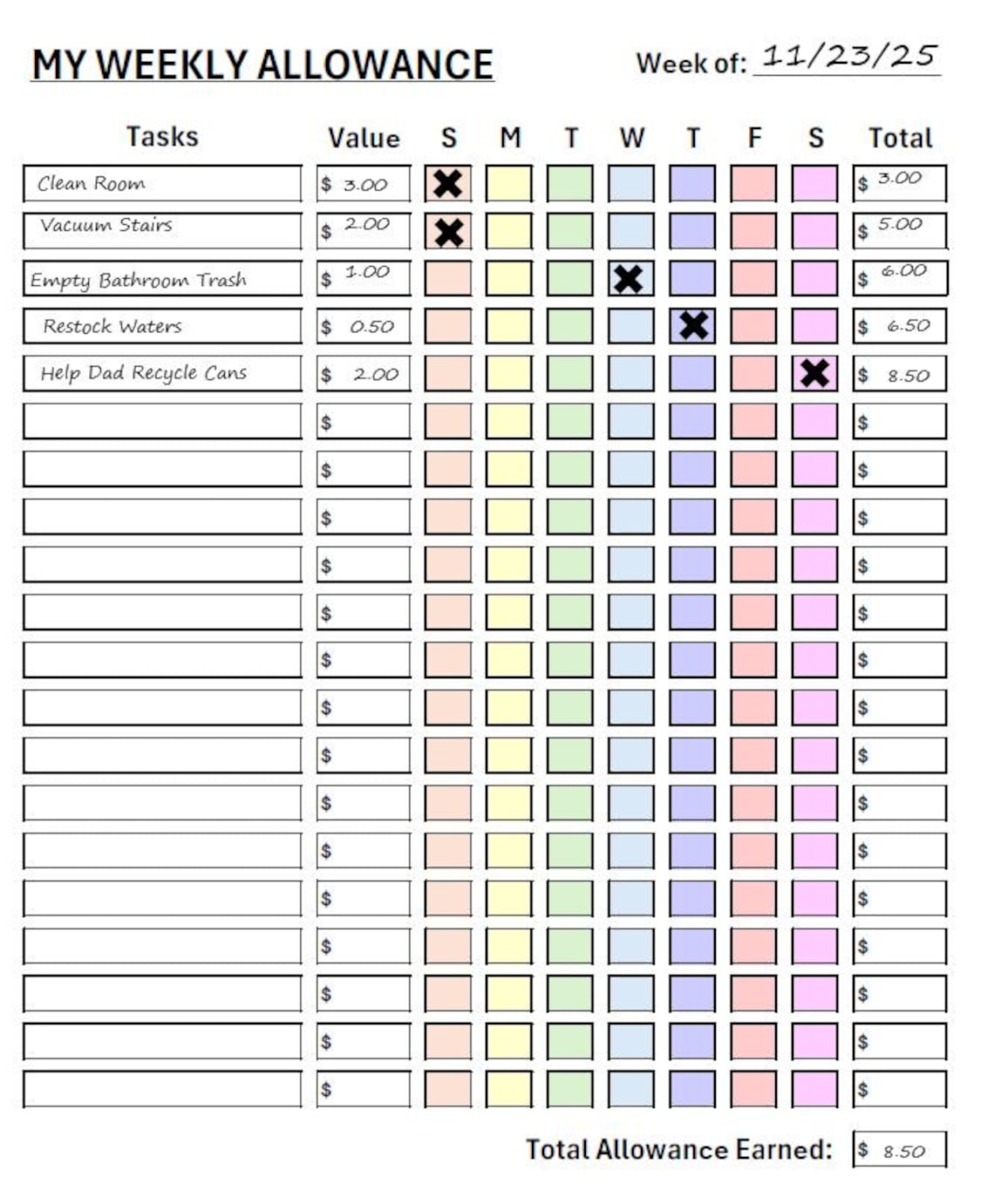 Kid's Weekly Allowance Tracker - Instant Download - Etsy