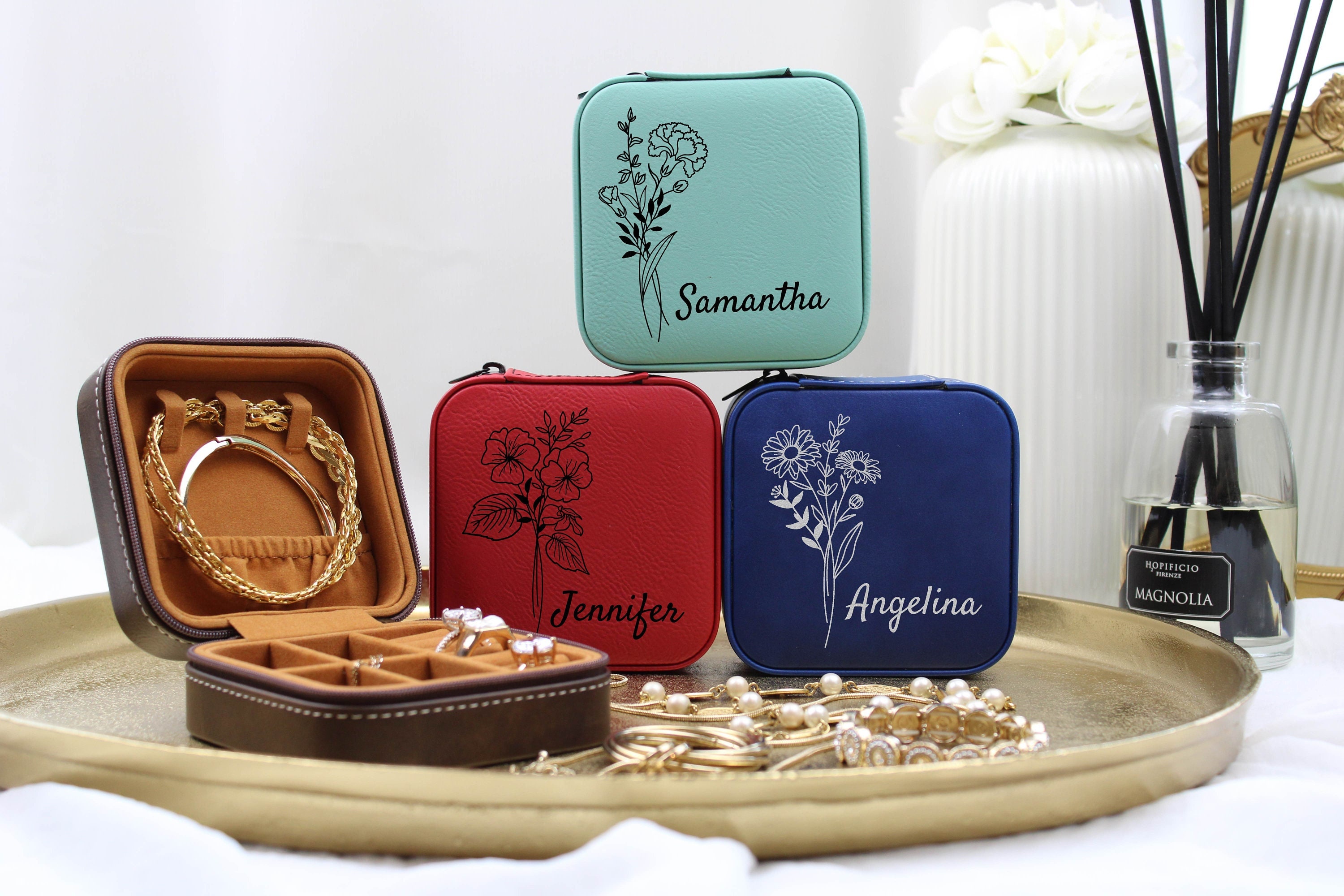 Birth Flower Jewelry Travel Case, Custom Jewelry Case, Engraved Jewelry ...