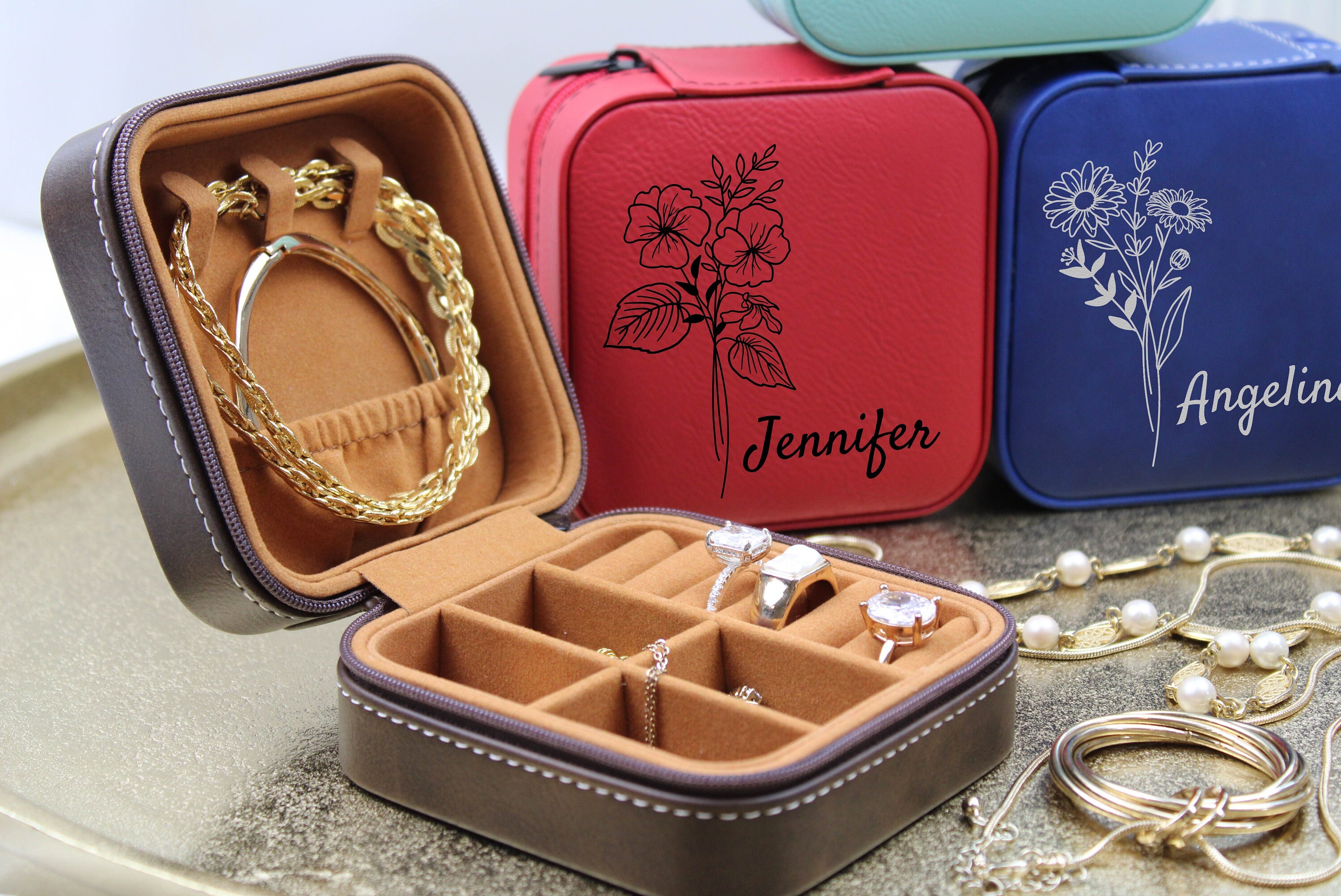 Birth Flower Jewelry Travel Case, Custom Jewelry Case, Engraved Jewelry ...