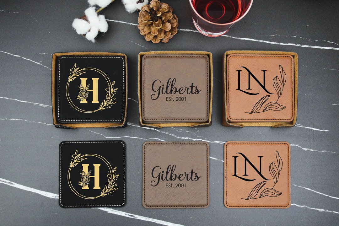 Set of 6 Vegan Leather Coaster Set, Custom Coasters, Personalized ...