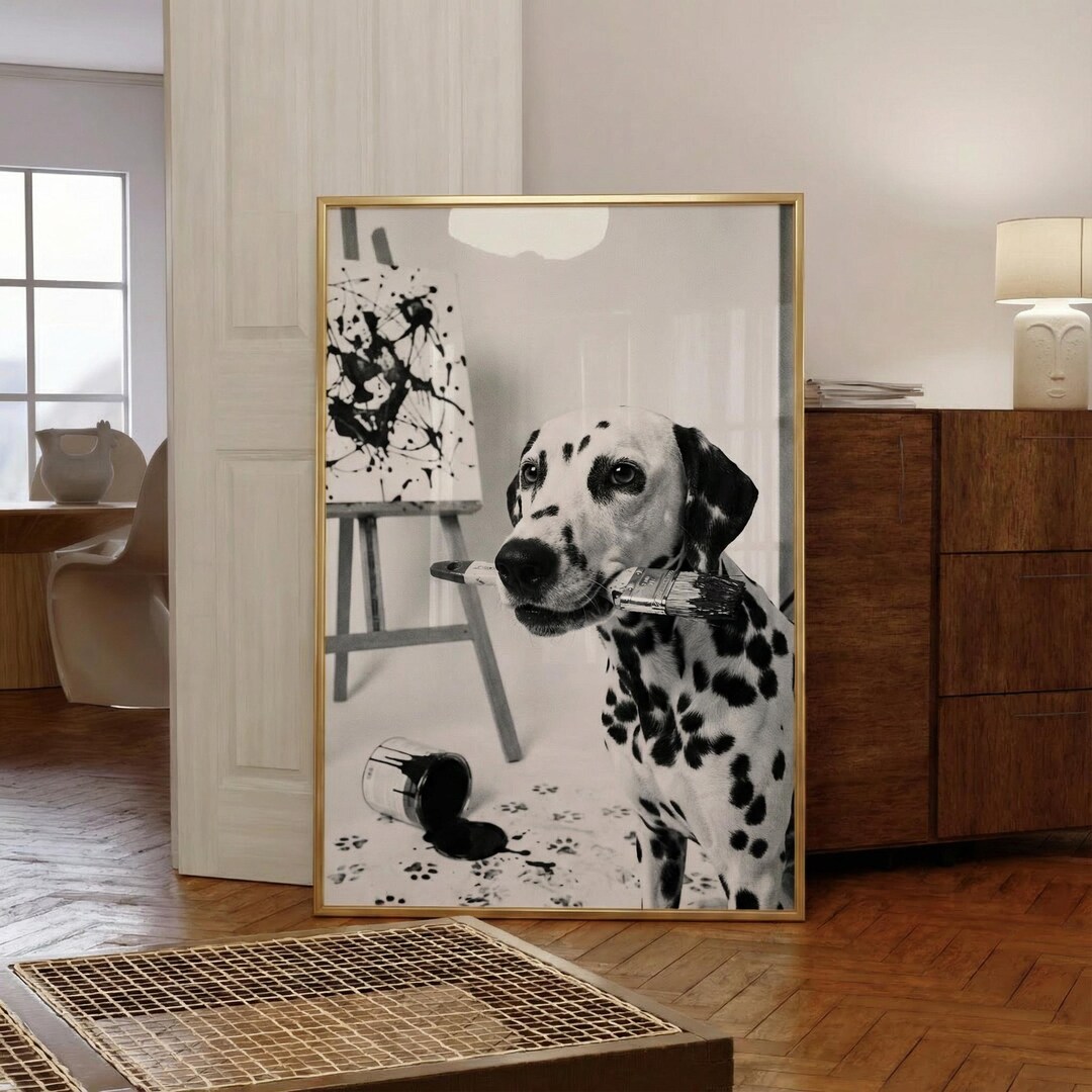 Dalmatian Paint Brush Print, Retro Black and White Dog Photo Art ...