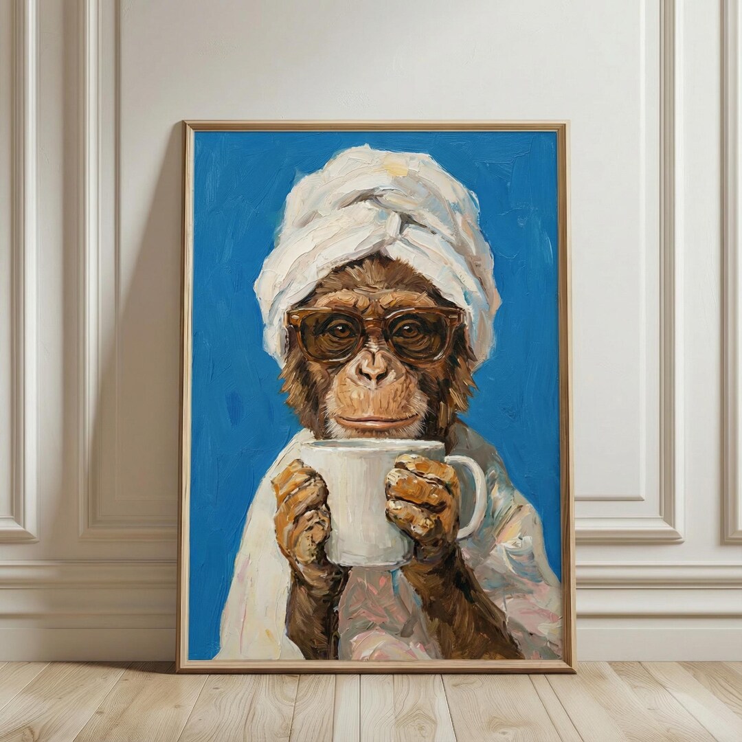 Monkey Drinking Coffee Art Print, Maximalist Kitchen Decor (digital ...
