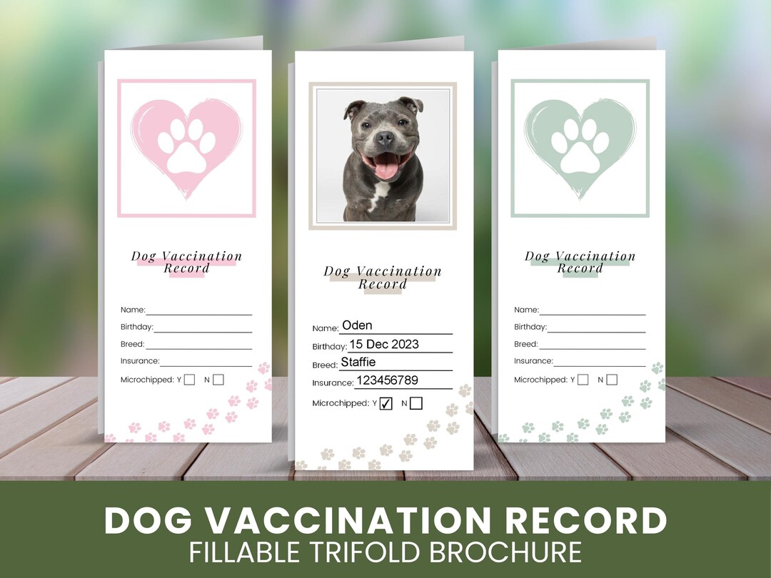 Dog Vaccination Record, Pet Vaccine Tracker, Fillable Trifold ...