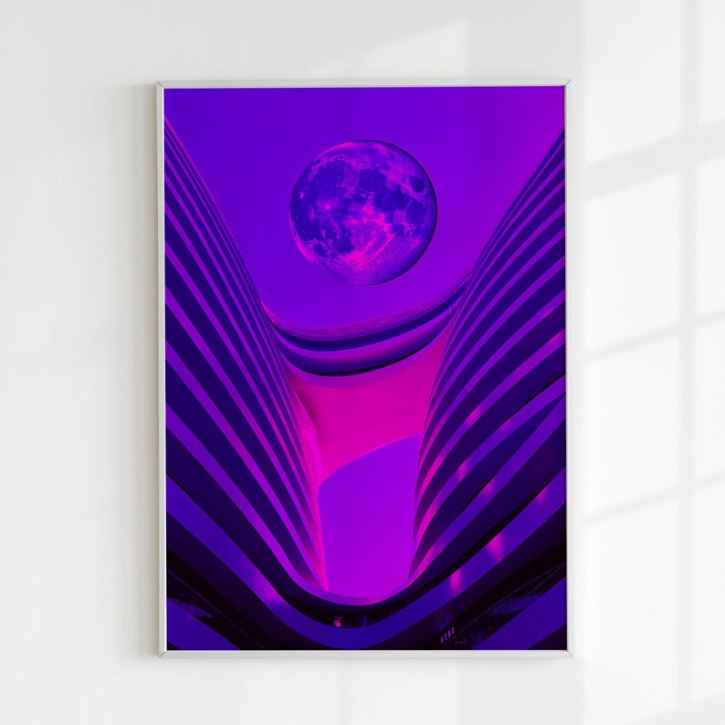 Architectural Moon Poster, Mystical Surrealism Art, Cool Blue Pink Wall ...