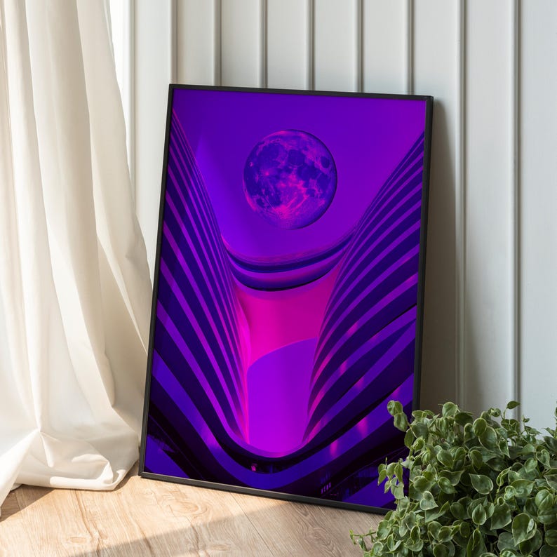 Architectural Moon Poster, Mystical Surrealism Art, Cool Blue Pink Wall ...