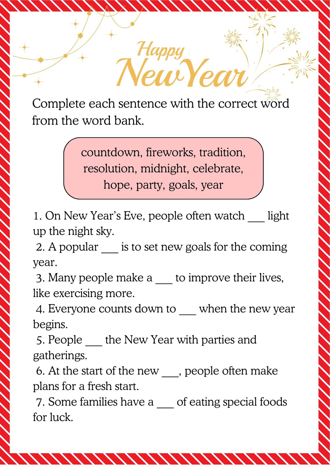New Year Vocabulary and Reflection Worksheet – Fun and Engaging ...