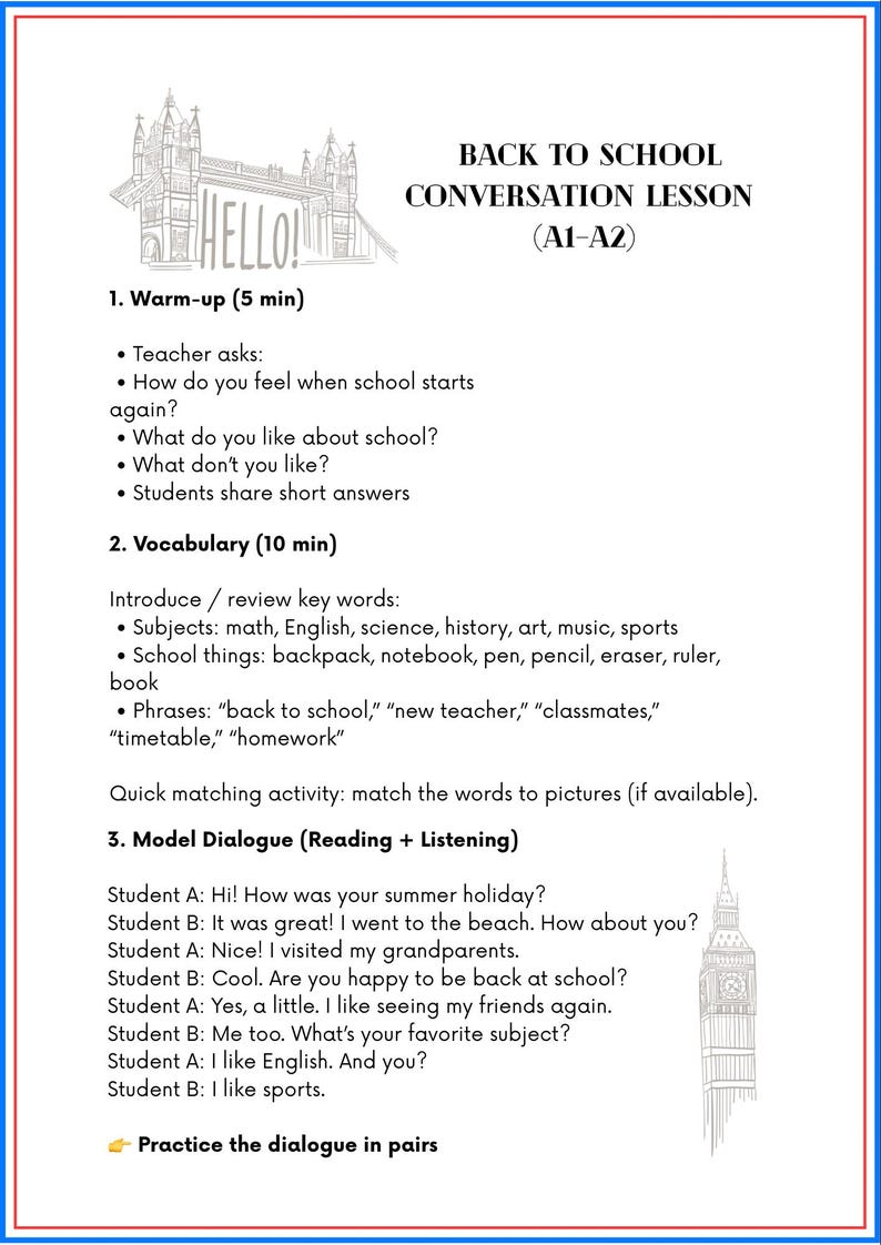 Back to School Conversation Worksheet | ESL EFL A1–A2 English Speaking ...