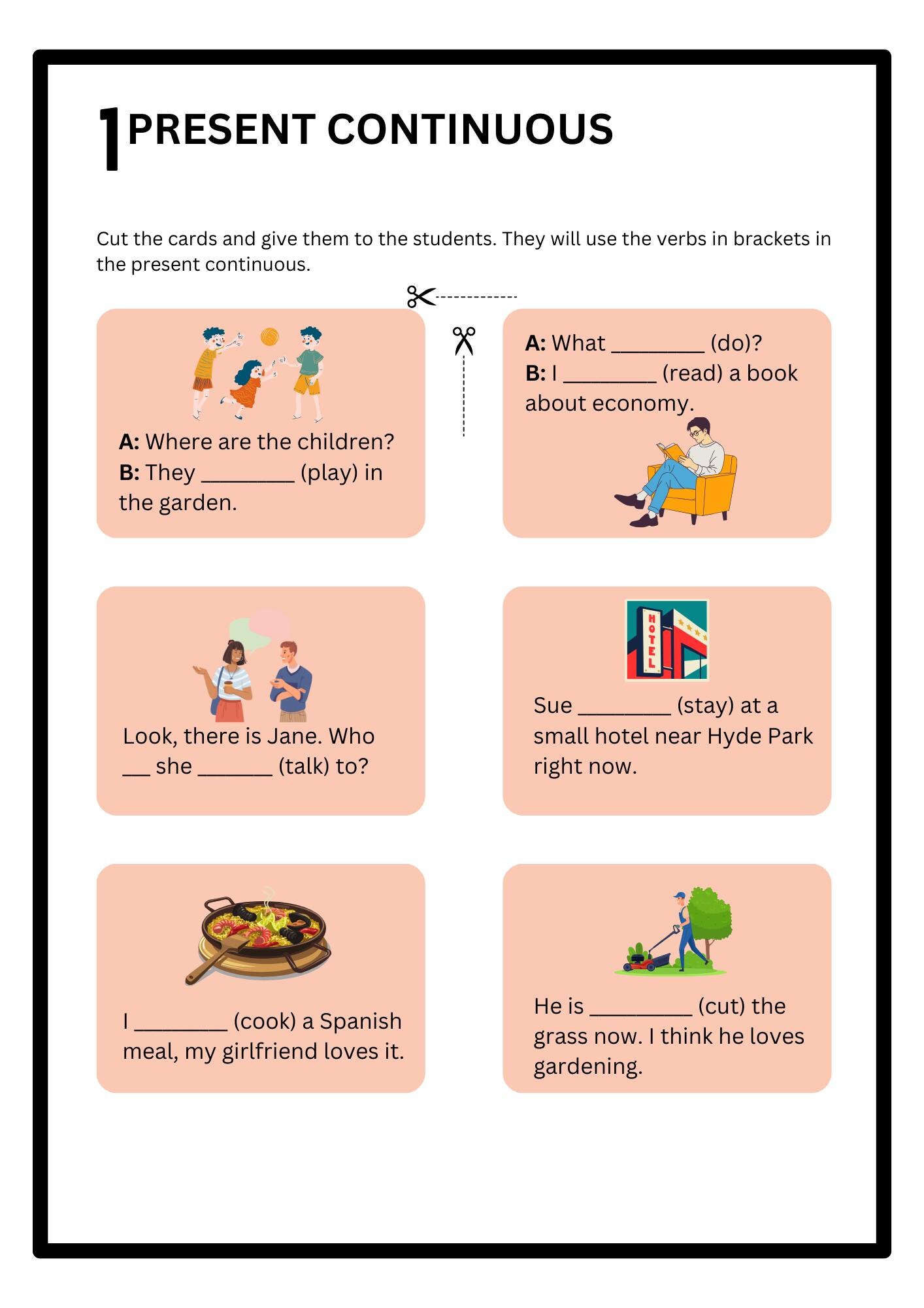 Engaging Present Continuous Tense Worksheets & Cards | ESL Teaching ...