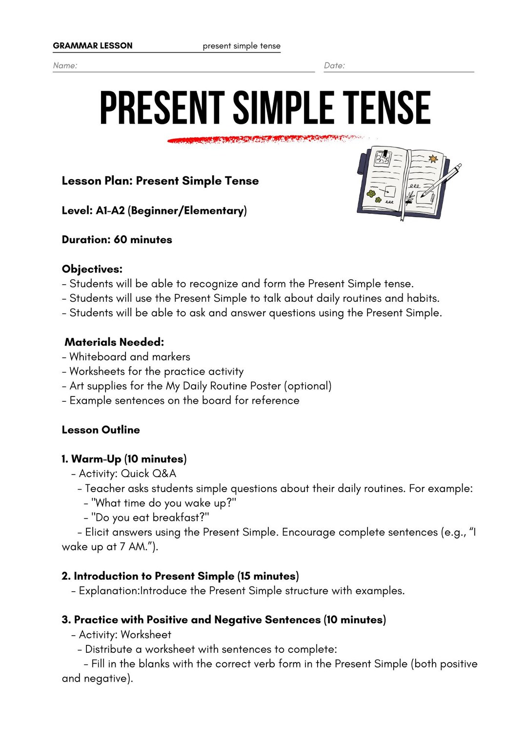 Comprehensive Present Simple Lesson Plan With All Materials for ESL ...