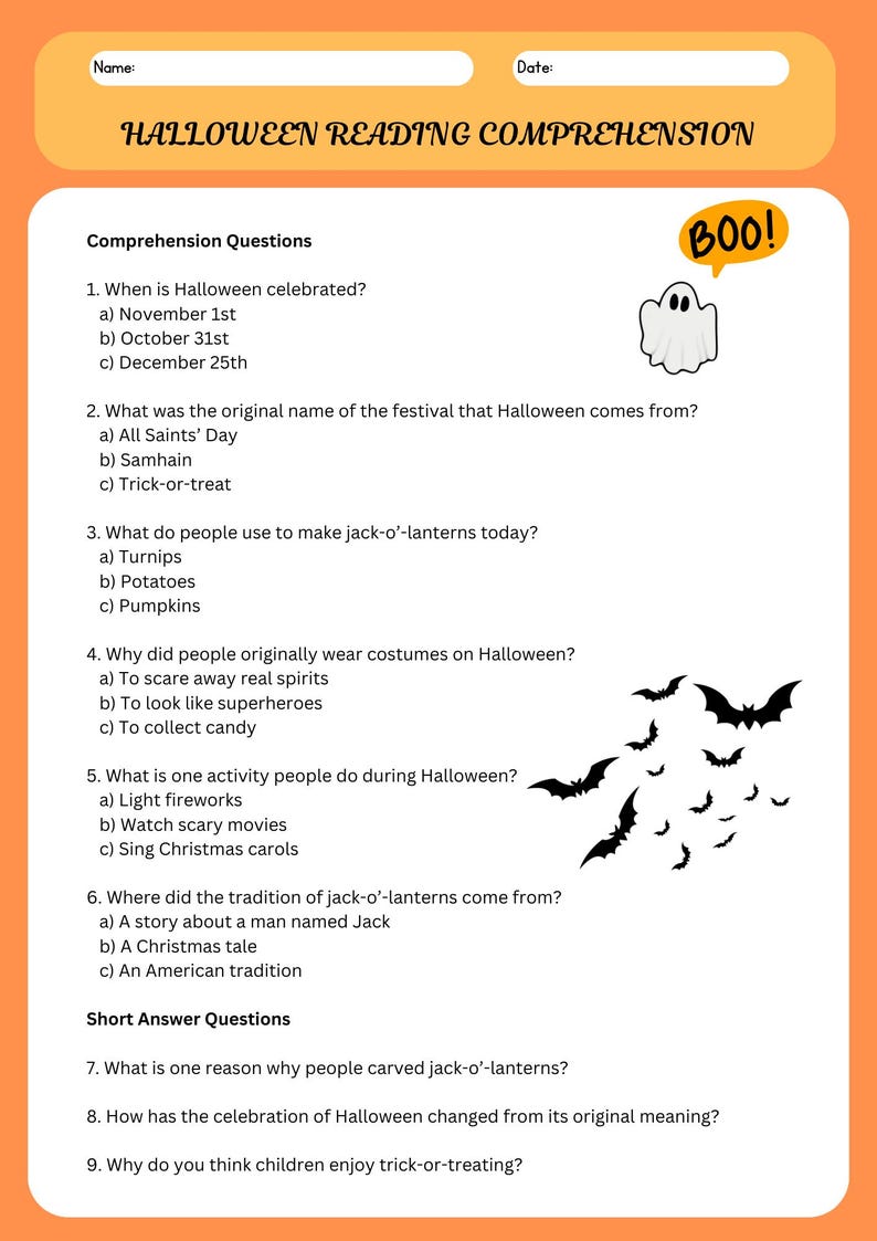 Halloween Reading Comprehension Worksheet - Etsy