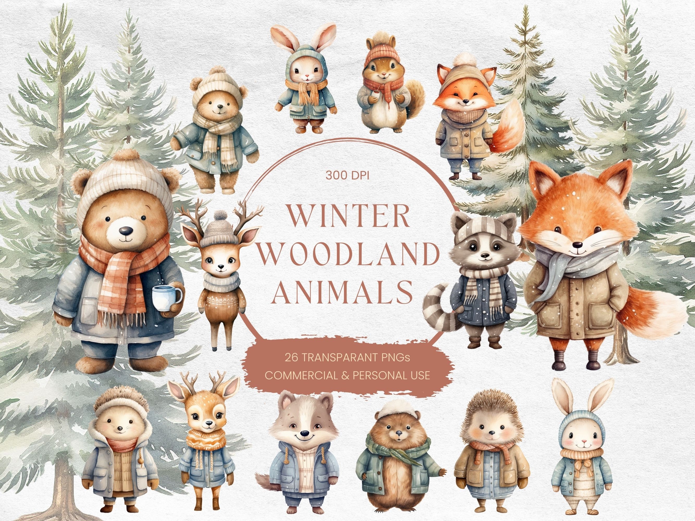 Cozy Winter Woodland Animal Clipart Png-bundle,hygge Winter PNG Clipart ...