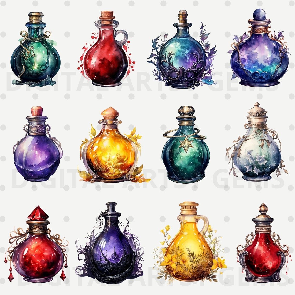 Magical Potion Bottles Clipart, Witchy Potions, Witchy Pages, Flower ...