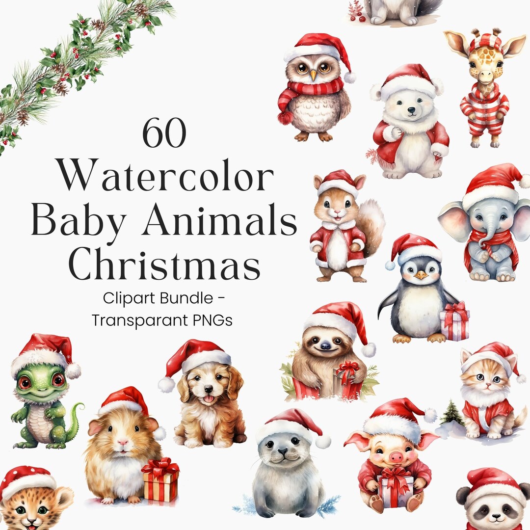 60 Watercolor Baby Animals Christmas Clipart Bundle, Xmas Clipart ...