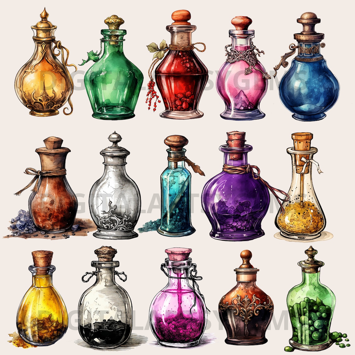 35 Magical Potions Magic Watercolor Clipart, Magic Bottles, Potion ...