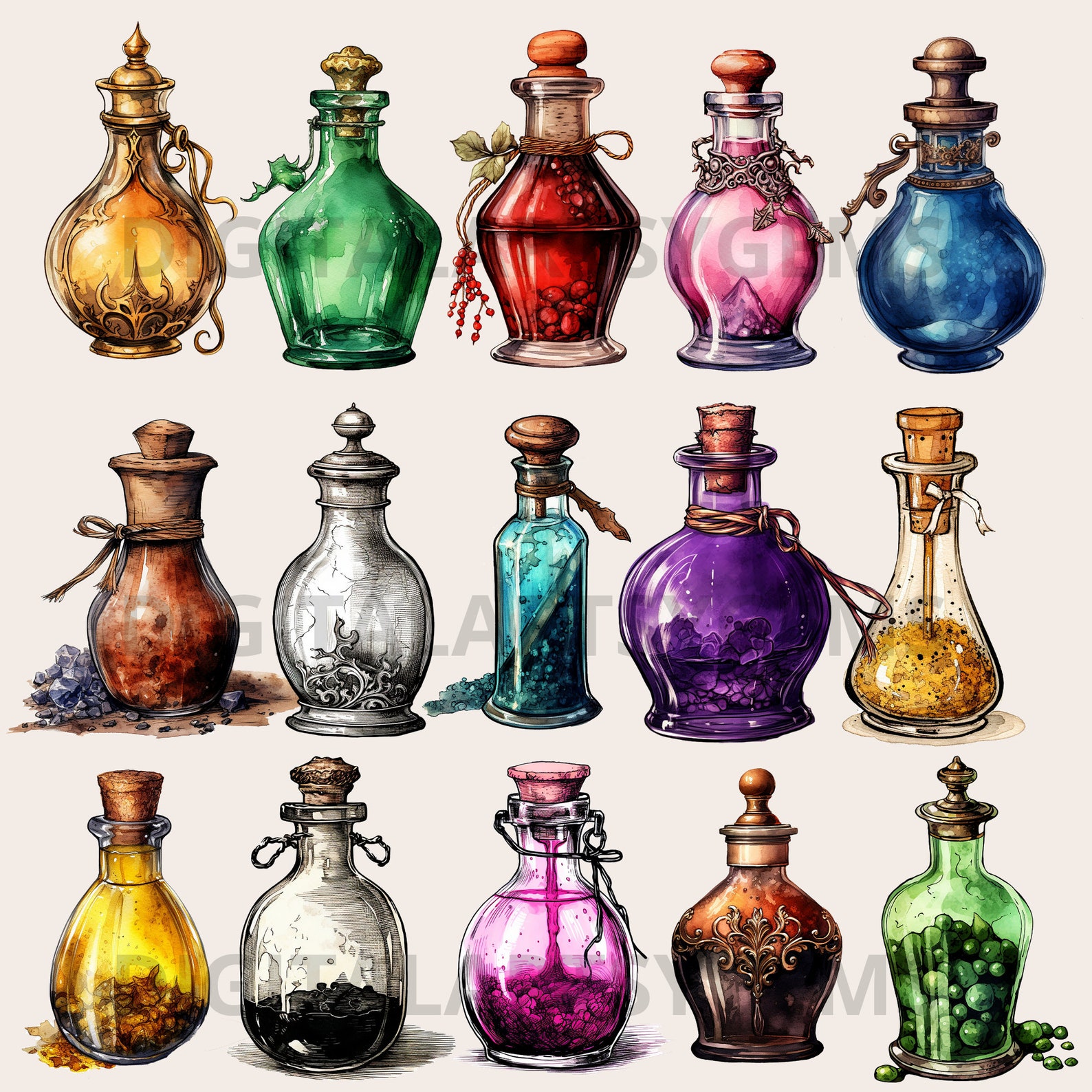 35 Magical Potions Magic Watercolor Clipart, Magic Bottles, Potion ...