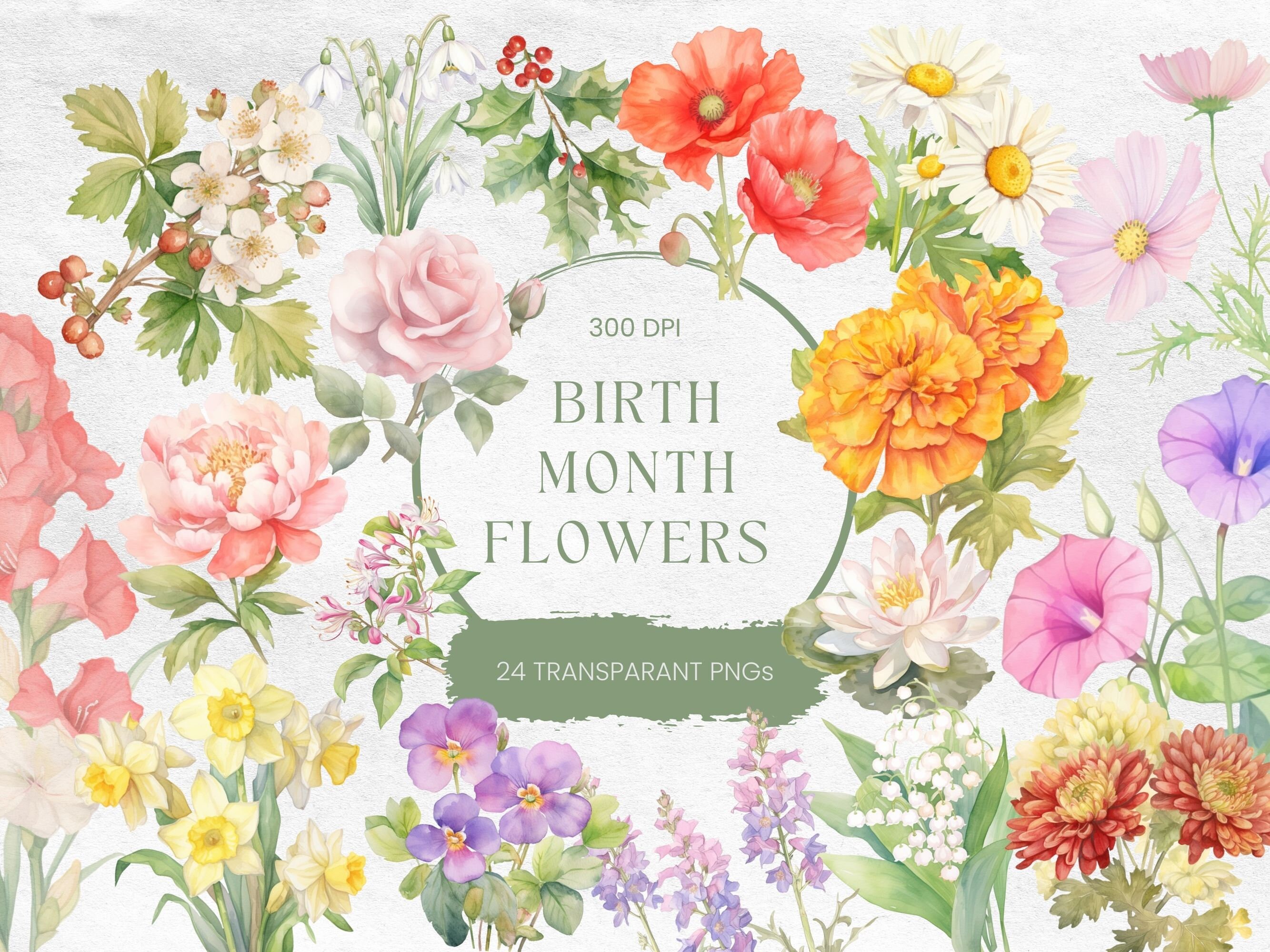 Watercolor Birth Month Flower Clipart, Birthmonth Printable ...
