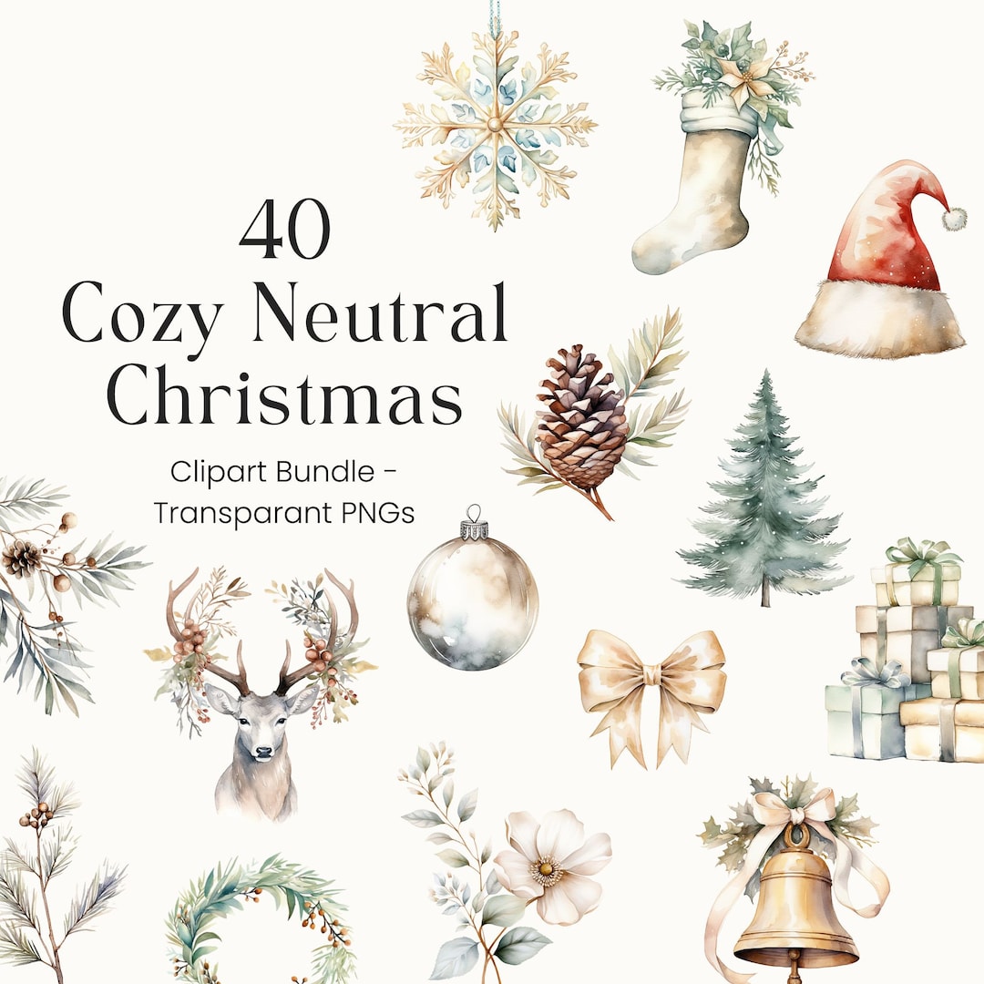 40 Cozy Neutral Christmas Clipart, Watercolor Christmas, Holiday ...