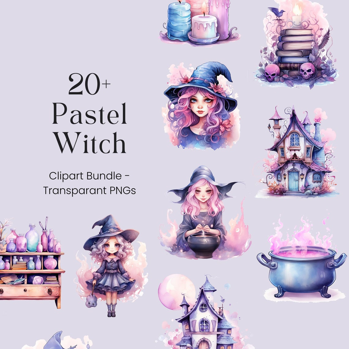 20 Pastel Cute Witch Halloween Clipart Transparant Pngs for - Etsy