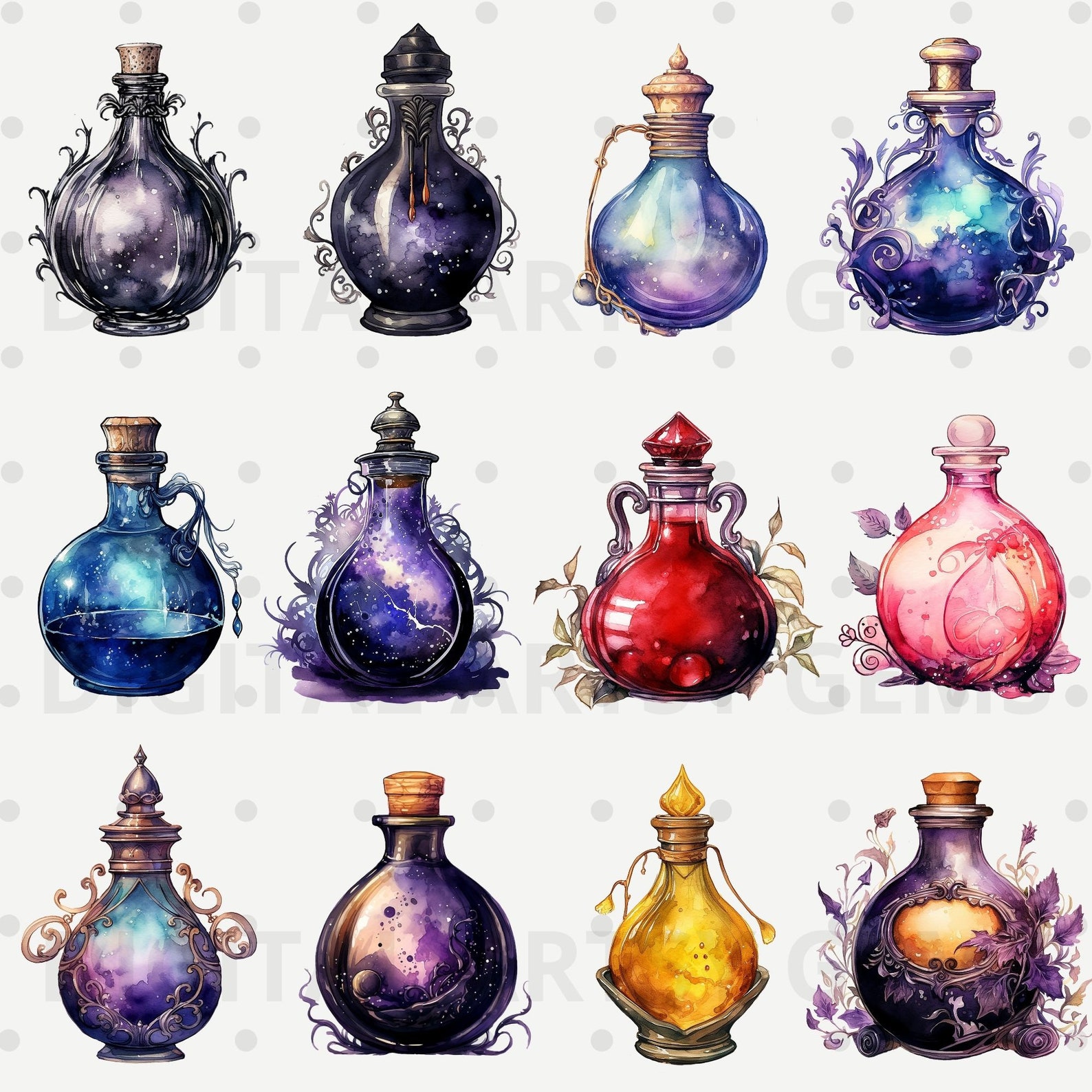 Magical Potion Bottles Clipart, Witchy Potions, Witchy Pages, Flower ...