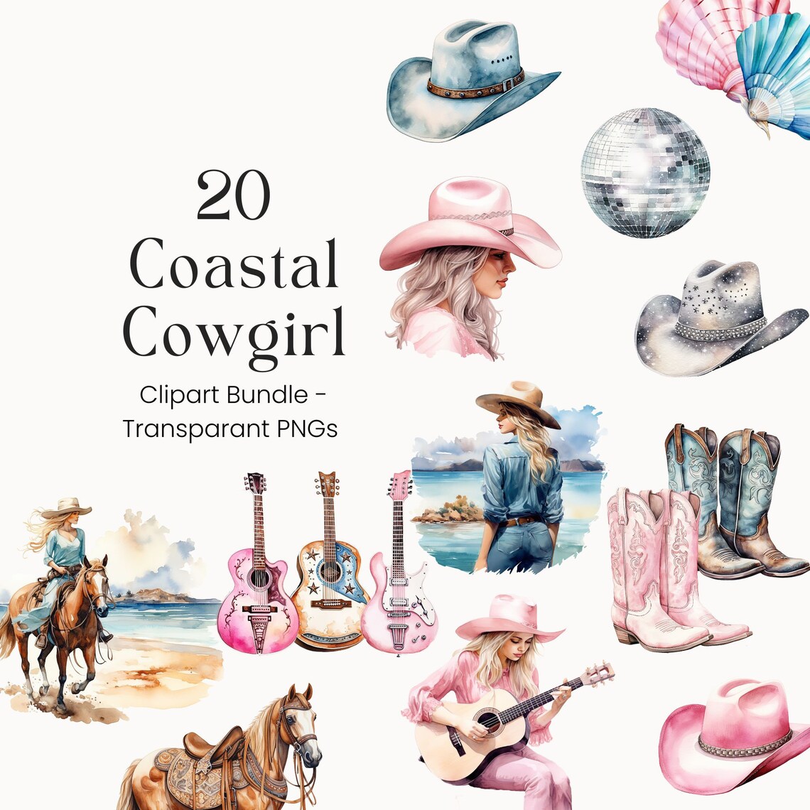 20 Coastal Cowgirl Clipart, Pink Cowgirl, Western Clipart Bundle ...