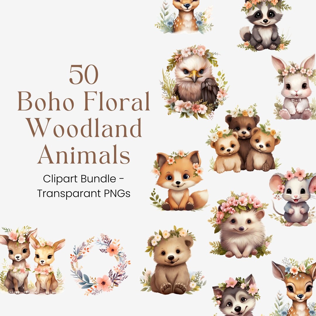 50 Boho Floral Woodland Baby Animal Clipart Bundle Watercolor - Etsy