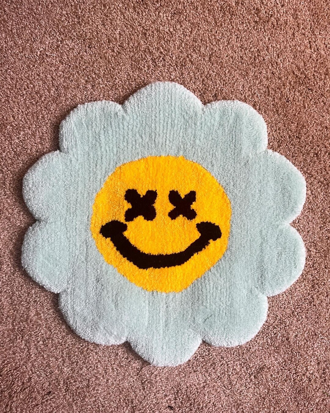 Icy Pastel Blue Dizzy Smiley Flower Tufted Rug Good Vibes Only - Etsy
