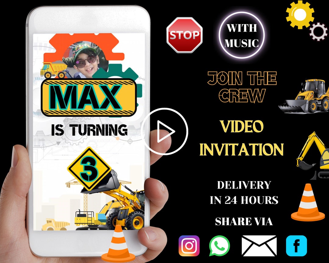 Construction Video Invitation, Construction Birthday Party Invitations ...
