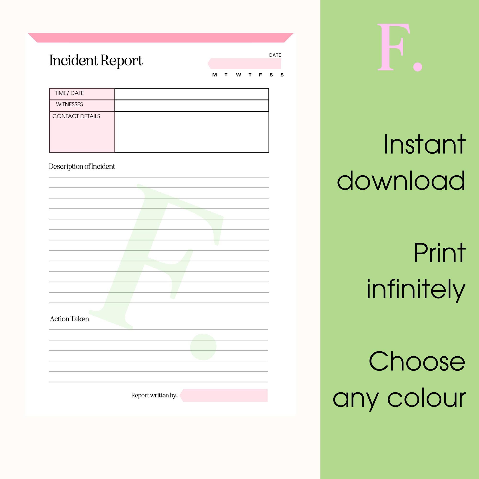 Printable Incident Log, Accident Log Sheets, Incident Report Template ...