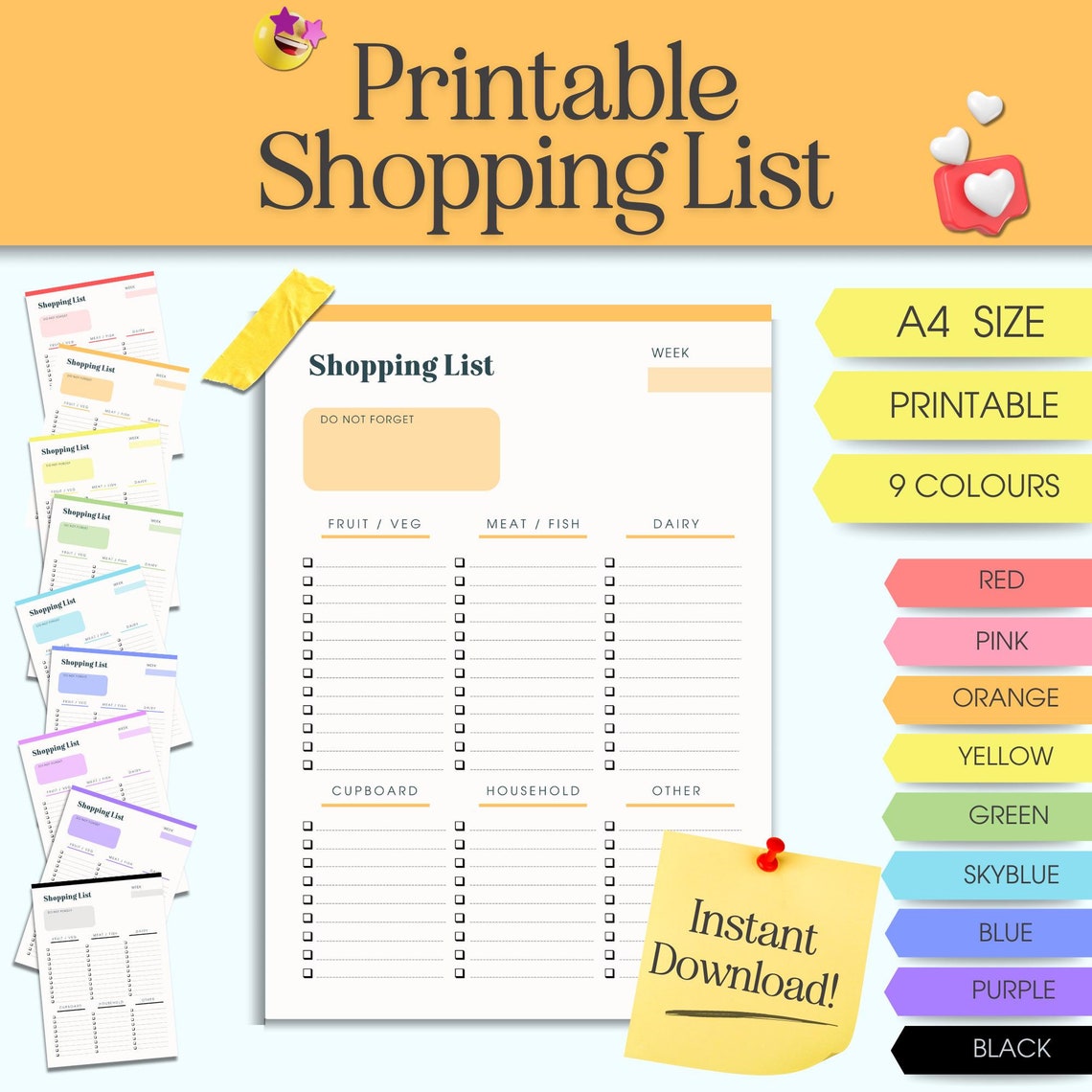 Printable Shopping List, Print at Home Grocery List, Food Shopping List ...