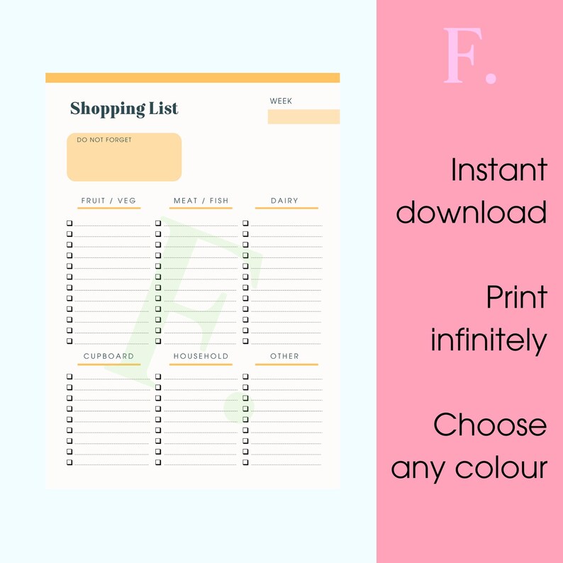 Printable Shopping List, Print at Home Grocery List, Food Shopping List ...