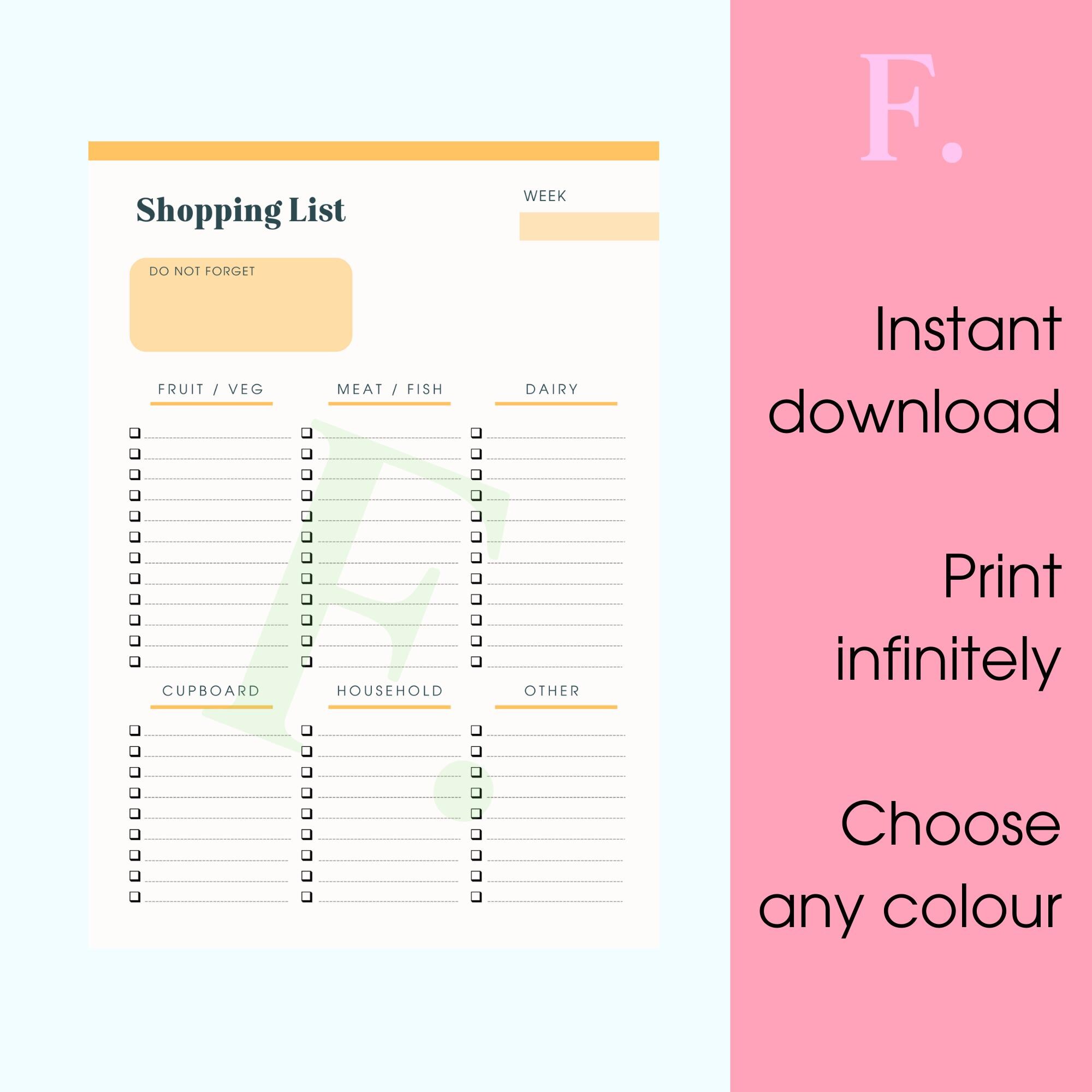 Printable Shopping List, Print at Home Grocery List, Food Shopping List ...