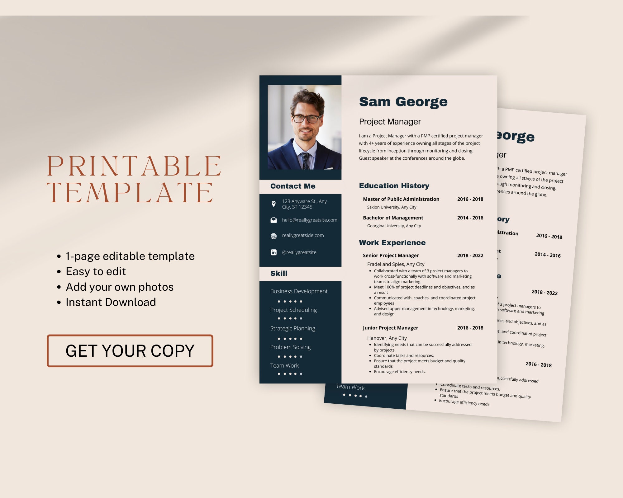 Project Manager Resume Editable Template CV Template Word Professional ...
