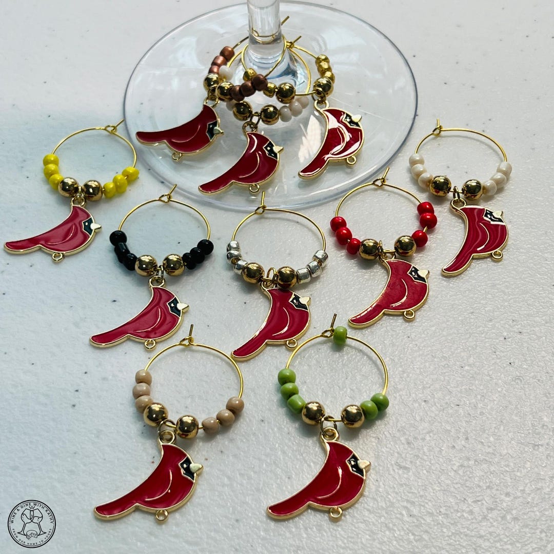 Cardinal Wine Charm, Red Bird Decal, Glass Markers, Glass Tags, Hostess ...