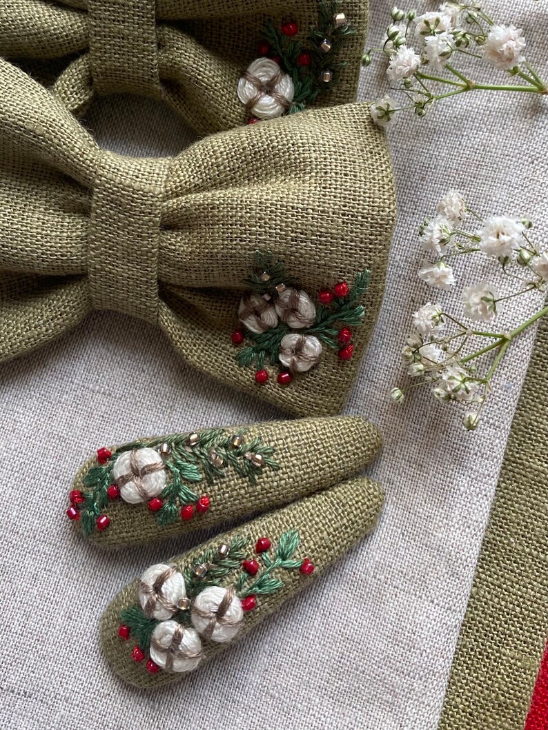 Girls Embroidery Fabric Hair Bow, Hand-embroidered Linen Hair Bow ...