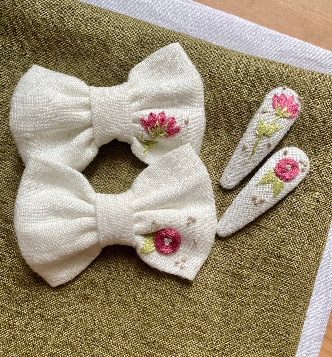 Girls Personalized Embroidery Fabric Hair Bow, Hand-embroidered Linen ...