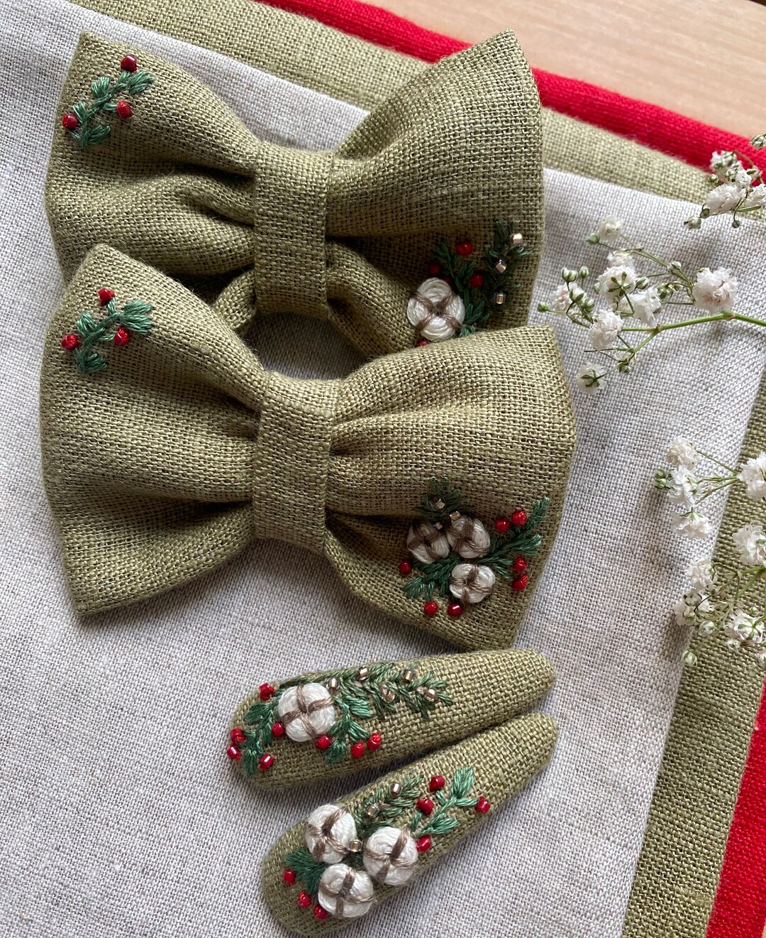 Girls Embroidery Fabric Hair Bow, Hand-embroidered Linen Hair Bow ...