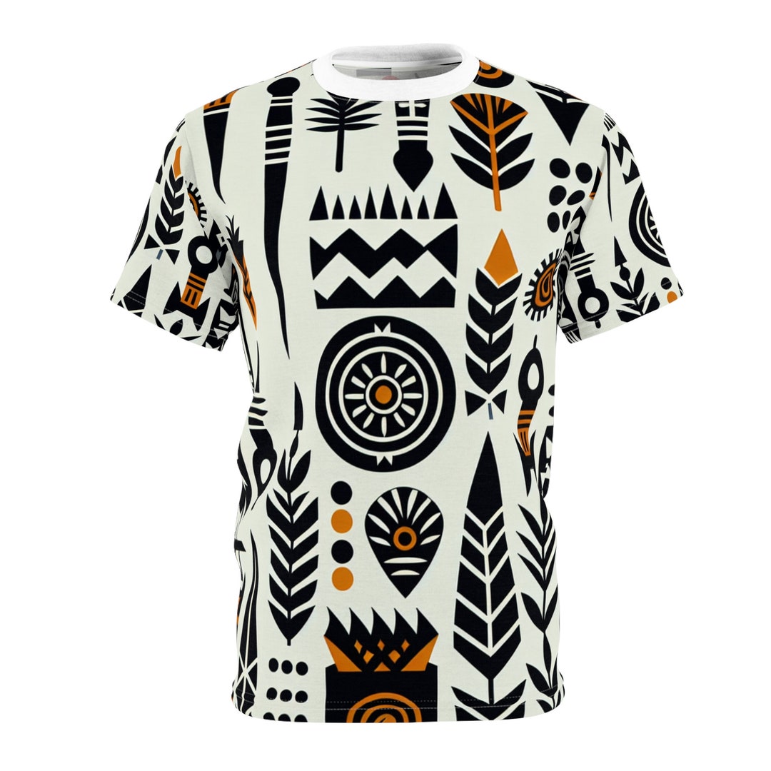 Modern African Graphic T-shirt - Monochrome With Orange, Symbols ...