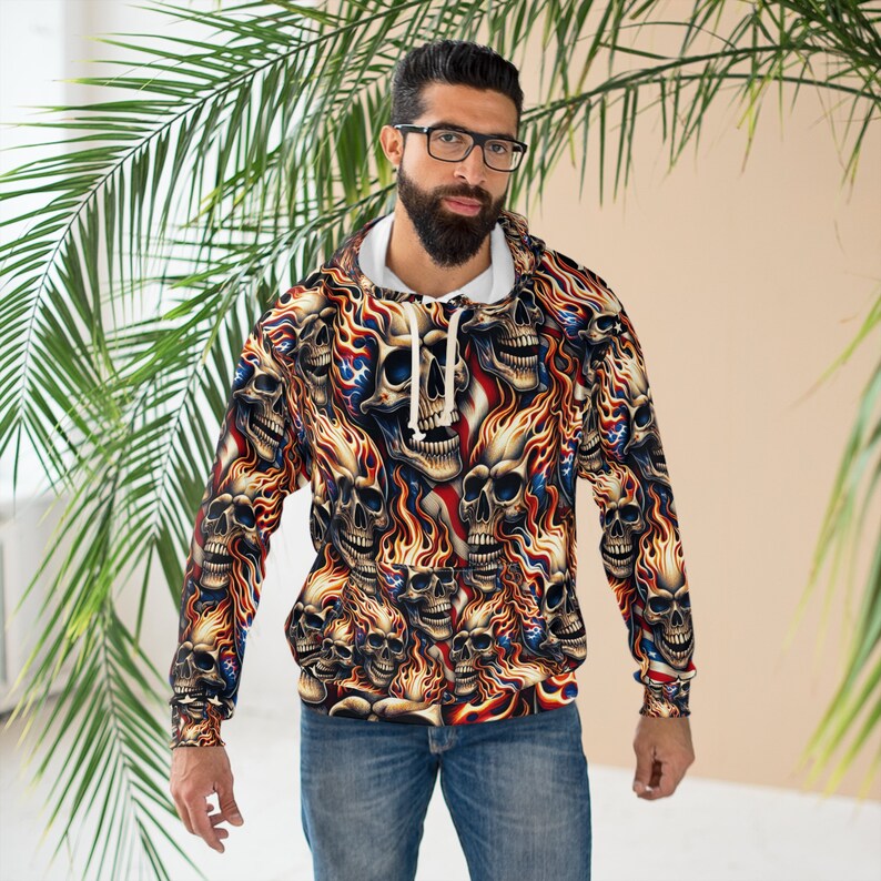 Inferno Patriot: Skull-fire Fusion Unleashed Hoodie - Patriotic Skulls ...