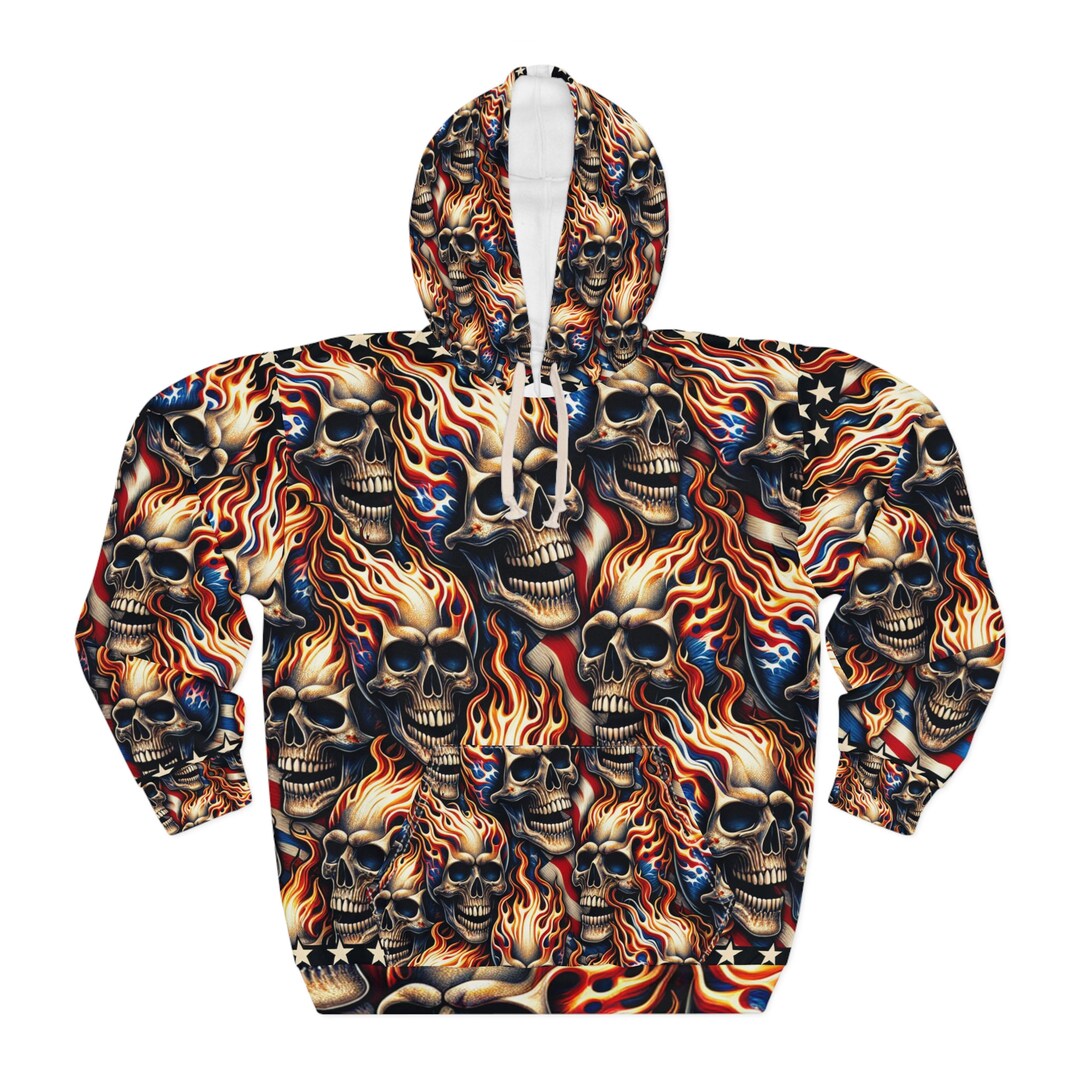 Inferno Patriot: Skull-fire Fusion Unleashed Hoodie - Patriotic Skulls ...