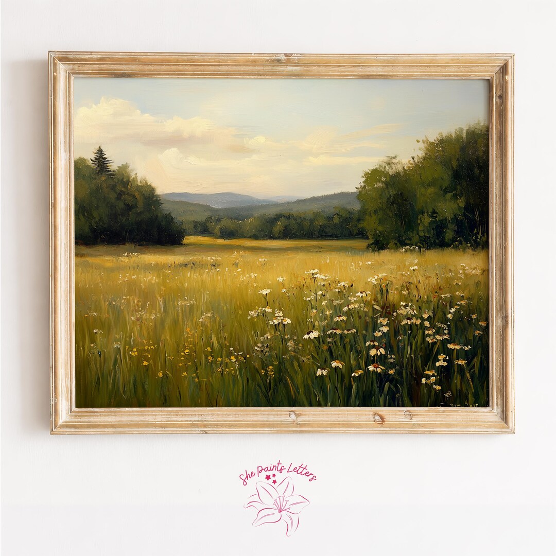 Spring Wildflower Field Painting – Rustic Cottagecore Landscape ...