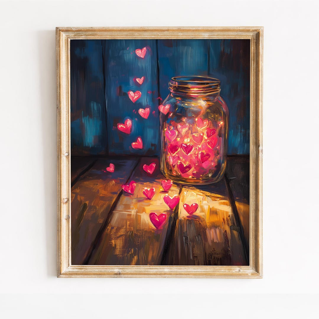 Heart Jar Art Print - Valentine's Day Glowing Hearts (digital Download ...