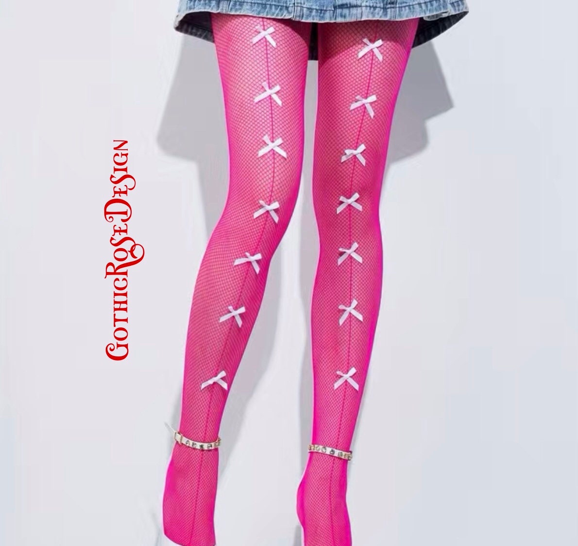 Pink Seamed Fishnet Tights Edgy Pantyhose With Bow Design Emo Micro ...